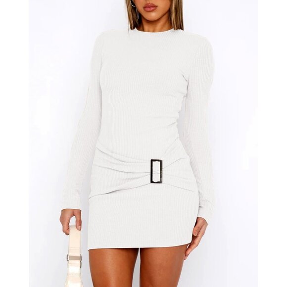 Dresses | Womens White Long Sleeve Ruched Bodycon Mini Dress Elegant ...